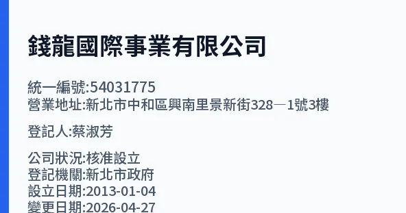 錢龍國際事業有限公司的照片-統編 54031775(新北市) 公司登記資料與營業項目詳細圖表