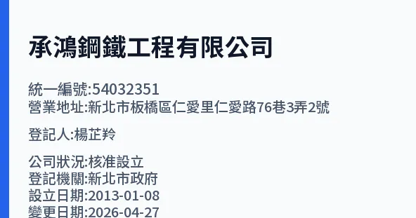 承鴻鋼鐵工程有限公司的照片-統編 54032351(新北市) 公司登記資料與營業項目詳細圖表
