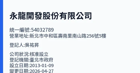 永龍開發股份有限公司的照片-統編 54032789(新北市) 公司登記資料與營業項目詳細圖表