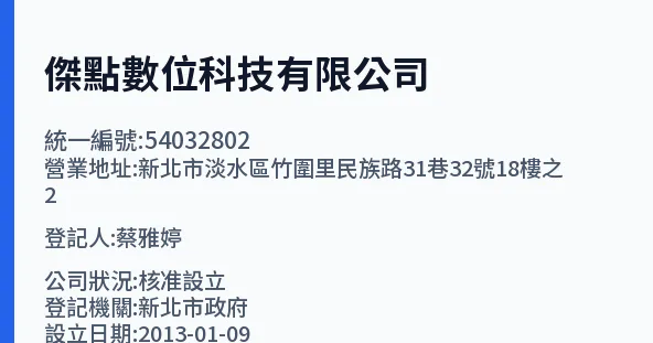 傑點數位科技有限公司的照片-統編 54032802(新北市) 公司登記資料與營業項目詳細圖表