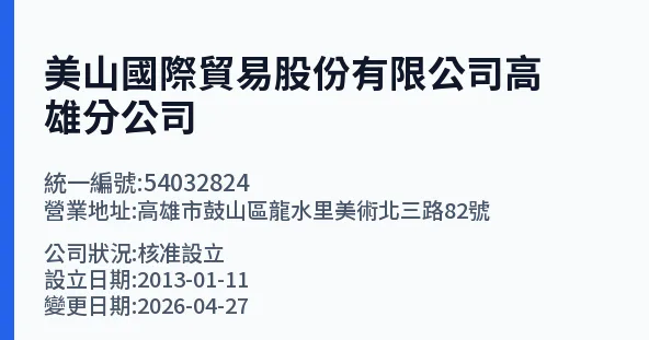 美山國際貿易股份有限公司高雄分公司的照片-統編 54032824(高雄市) 公司登記資料與營業項目詳細圖表
