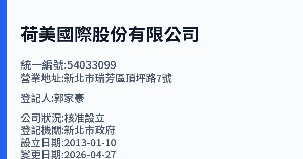 荷美國際股份有限公司的照片-統編 54033099(新北市) 公司登記資料與營業項目詳細圖表