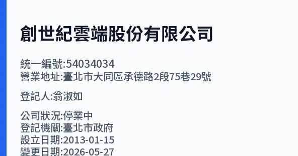 創世紀雲端股份有限公司的照片-統編 54034034(臺北市) 公司登記資料與營業項目詳細圖表