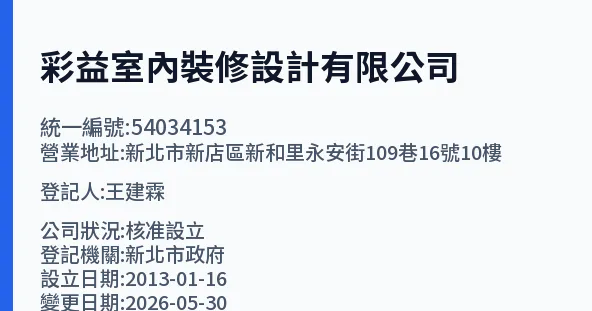 彩益室內裝修設計有限公司的照片-統編 54034153(新北市) 公司登記資料與營業項目詳細圖表