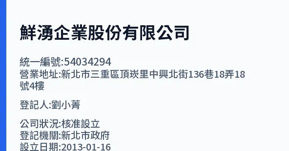 鮮湧企業股份有限公司的照片-統編 54034294(新北市) 公司登記資料與營業項目詳細圖表
