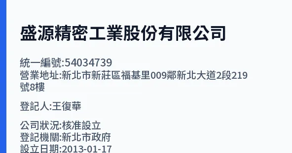 盛源精密工業股份有限公司的照片-統編 54034739(新北市) 公司登記資料與營業項目詳細圖表