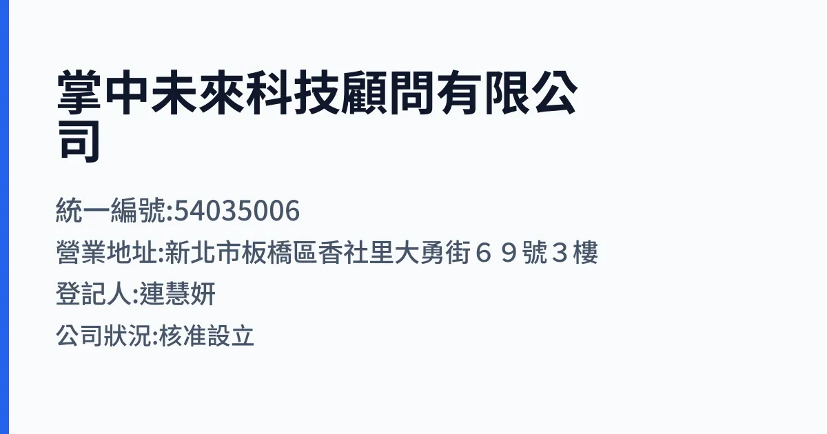 掌中未來科技顧問有限公司 - 統編 54035006(新北市) 公司登記資料與營業項目詳細圖表