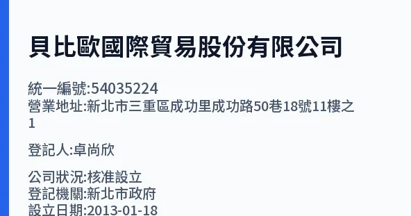貝比歐國際貿易股份有限公司的照片-統編 54035224(新北市) 公司登記資料與營業項目詳細圖表
