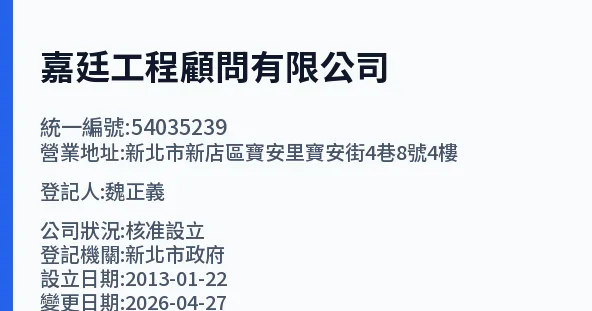 嘉廷工程顧問有限公司的照片-統編 54035239(新北市) 公司登記資料與營業項目詳細圖表