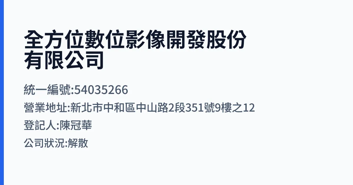 全方位數位影像開發股份有限公司 - 統編 54035266(新北市) 公司登記資料與營業項目詳細圖表