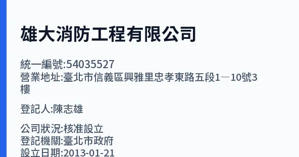 雄大消防工程有限公司的照片-統編 54035527(臺北市) 公司登記資料與營業項目詳細圖表