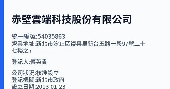 赤壁雲端科技股份有限公司的照片-統編 54035863(新北市) 公司登記資料與營業項目詳細圖表