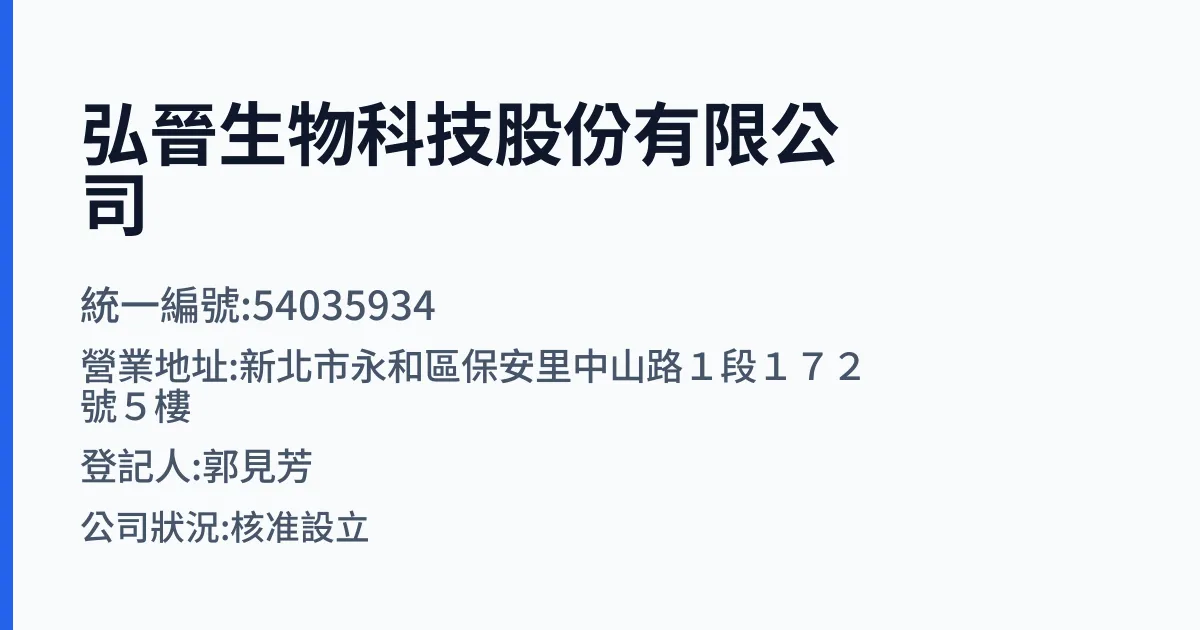 弘晉生物科技股份有限公司 - 統編 54035934(新北市) 公司登記資料與營業項目詳細圖表