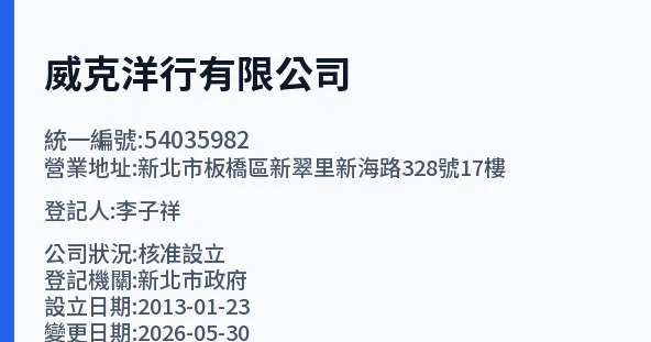 威克洋行有限公司的照片-統編 54035982(新北市) 公司登記資料與營業項目詳細圖表