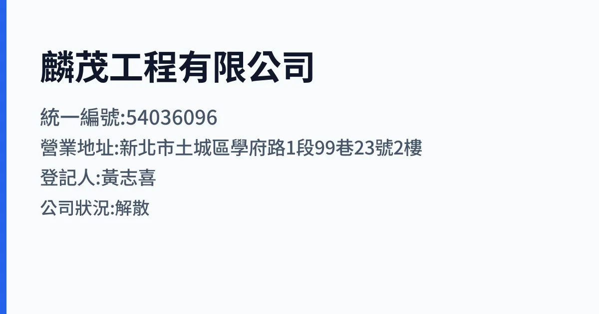 麟茂工程有限公司 - 統編 54036096(新北市) 公司登記資料與營業項目詳細圖表