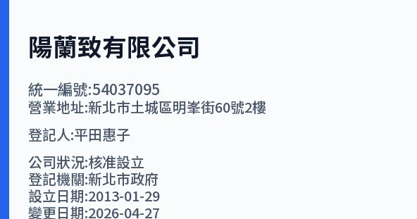 陽蘭致有限公司的照片-統編 54037095(新北市) 公司登記資料與營業項目詳細圖表