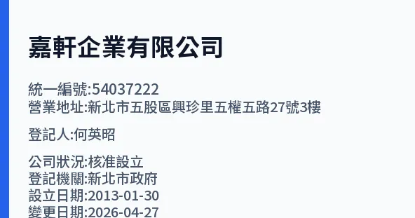 嘉軒企業有限公司的照片-統編 54037222(新北市) 公司登記資料與營業項目詳細圖表