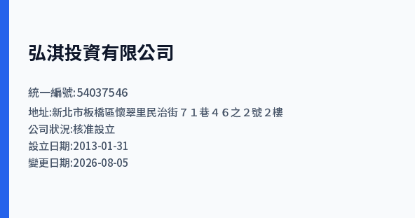 弘淇投資有限公司的照片-統編 54037546 公司登記資料與營業項目詳細圖表