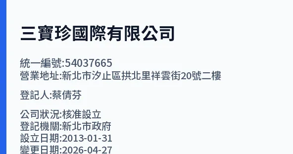 三寶珍國際有限公司的照片-統編 54037665(新北市) 公司登記資料與營業項目詳細圖表