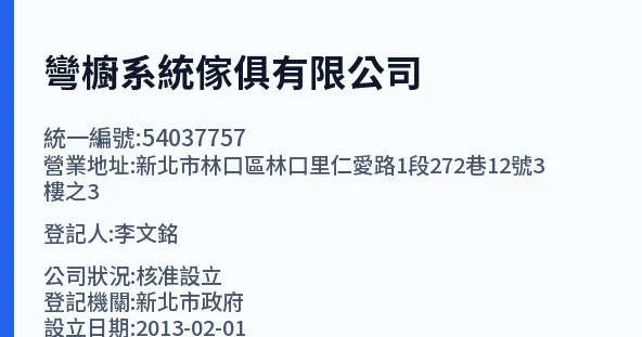 彎櫥系統傢俱有限公司的照片-統編 54037757(新北市) 公司登記資料與營業項目詳細圖表