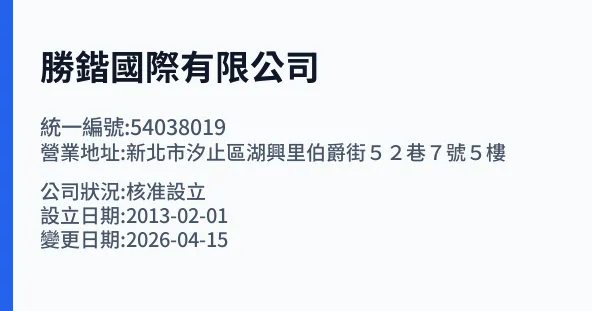 勝鍇國際有限公司的照片-統編 54038019(新北市) 公司登記資料與營業項目詳細圖表