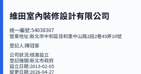 維田室內裝修設計有限公司的照片-統編 54038307(新北市) 公司登記資料與營業項目詳細圖表