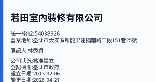 若田室內裝修有限公司的照片-統編 54038926(臺北市) 公司登記資料與營業項目詳細圖表
