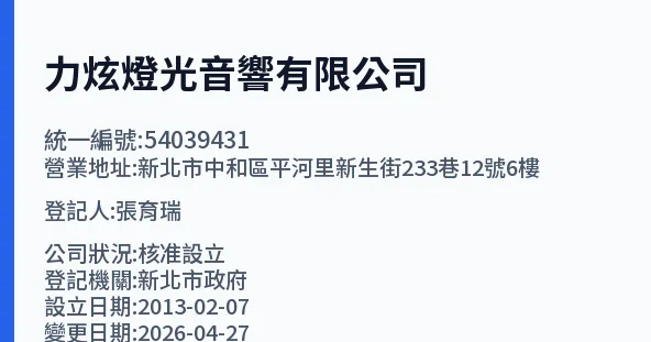 力炫燈光音響有限公司的照片-統編 54039431(新北市) 公司登記資料與營業項目詳細圖表
