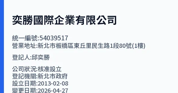 奕勝國際企業有限公司的照片-統編 54039517(新北市) 公司登記資料與營業項目詳細圖表
