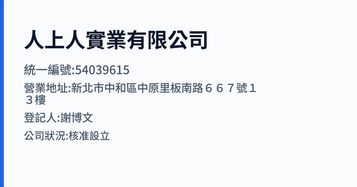 人上人實業有限公司 - 統編 54039615(新北市) 公司登記資料與營業項目詳細圖表