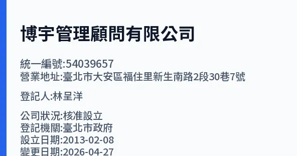 博宇管理顧問有限公司的照片-統編 54039657(臺北市) 公司登記資料與營業項目詳細圖表