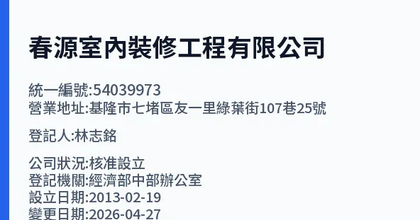 春源室內裝修工程有限公司的照片-統編 54039973(基隆市) 公司登記資料與營業項目詳細圖表