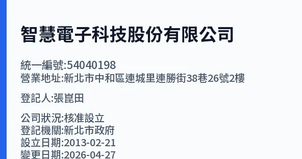 智慧電子科技股份有限公司的照片-統編 54040198(新北市) 公司登記資料與營業項目詳細圖表