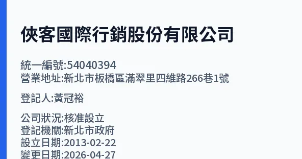 俠客國際行銷股份有限公司的照片-統編 54040394(新北市) 公司登記資料與營業項目詳細圖表