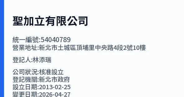 聖加立有限公司的照片-統編 54040789(新北市) 公司登記資料與營業項目詳細圖表