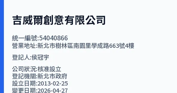 吉威爾創意有限公司的照片-統編 54040866(新北市) 公司登記資料與營業項目詳細圖表