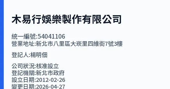 木易行娛樂製作有限公司的照片-統編 54041106(新北市) 公司登記資料與營業項目詳細圖表