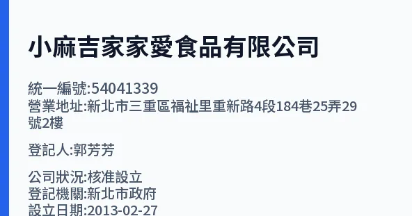小麻吉家家愛食品有限公司的照片-統編 54041339(新北市) 公司登記資料與營業項目詳細圖表