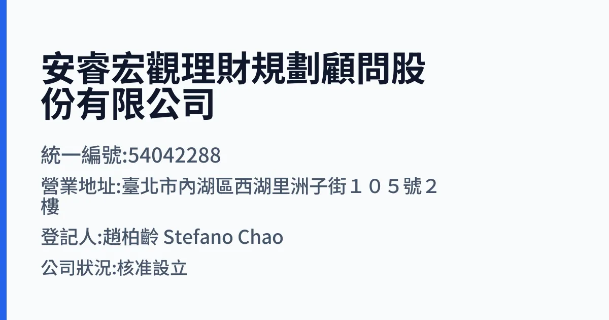 安睿宏觀理財規劃顧問股份有限公司 - 統編 54042288(臺北市) 公司登記資料與營業項目詳細圖表