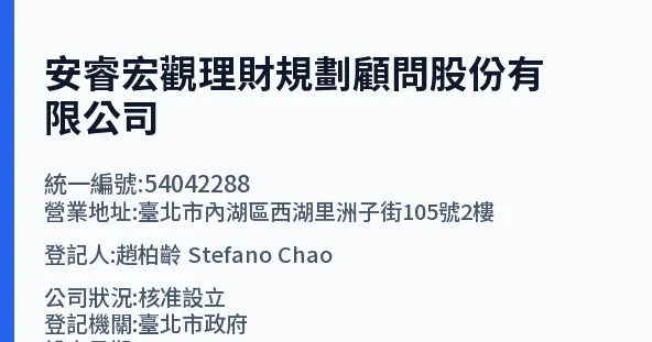 安睿宏觀理財規劃顧問股份有限公司的照片-統編 54042288(臺北市) 公司登記資料與營業項目詳細圖表