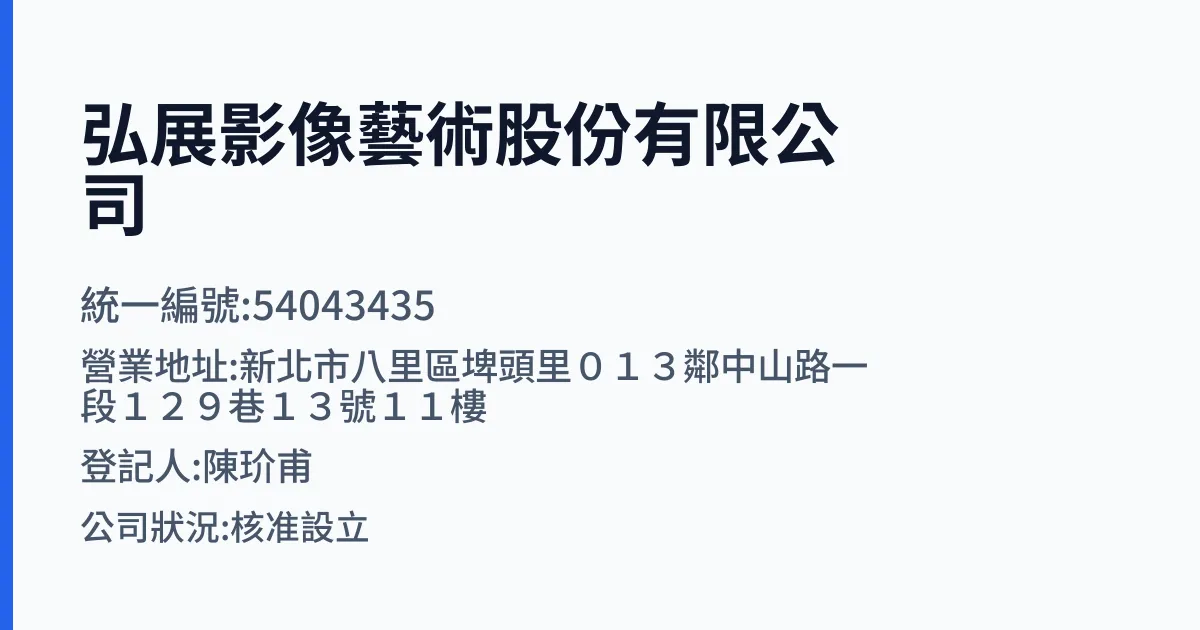 弘展影像藝術股份有限公司 - 統編 54043435(新北市) 公司登記資料與營業項目詳細圖表