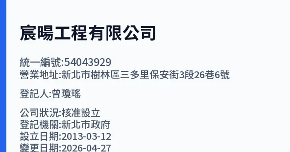宸暘工程有限公司的照片-統編 54043929(新北市) 公司登記資料與營業項目詳細圖表