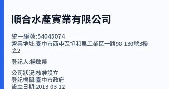 順合水產實業有限公司的照片-統編 54045074(臺中市) 公司登記資料與營業項目詳細圖表