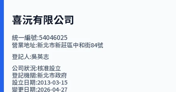 喜沅有限公司的照片-統編 54046025(新北市) 公司登記資料與營業項目詳細圖表
