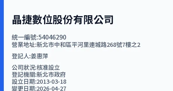 晶捷數位股份有限公司的照片-統編 54046290(新北市) 公司登記資料與營業項目詳細圖表
