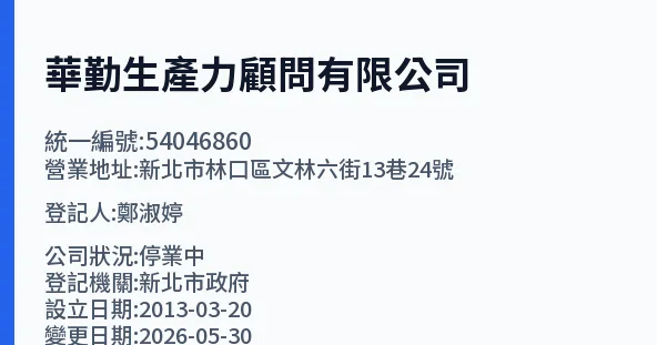 華勤生產力顧問有限公司的照片-統編 54046860(新北市) 公司登記資料與營業項目詳細圖表