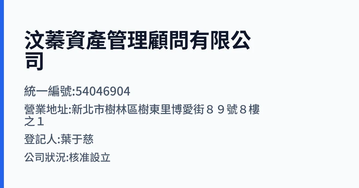 汶蓁資產管理顧問有限公司 - 統編 54046904(新北市) 公司登記資料與營業項目詳細圖表