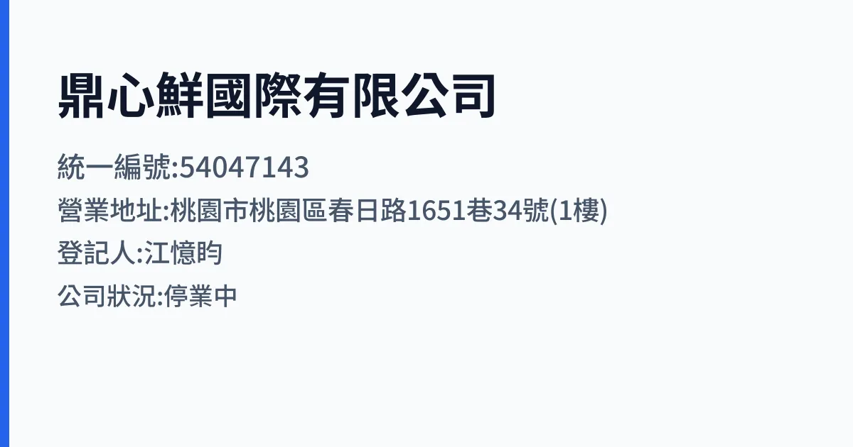 鼎心鮮國際有限公司 - 統編 54047143(桃園市) 公司登記資料與營業項目詳細圖表