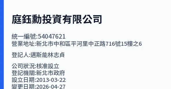 庭鈺勳投資有限公司的照片-統編 54047621(新北市) 公司登記資料與營業項目詳細圖表