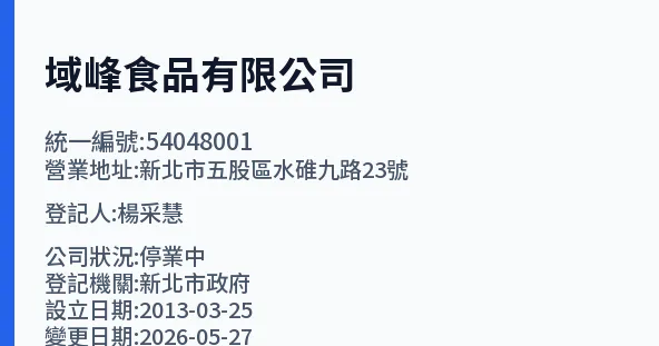 域峰食品有限公司的照片-統編 54048001(新北市) 公司登記資料與營業項目詳細圖表